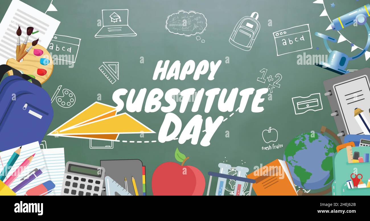 Image of happy substitute day text over school items icons on green ...