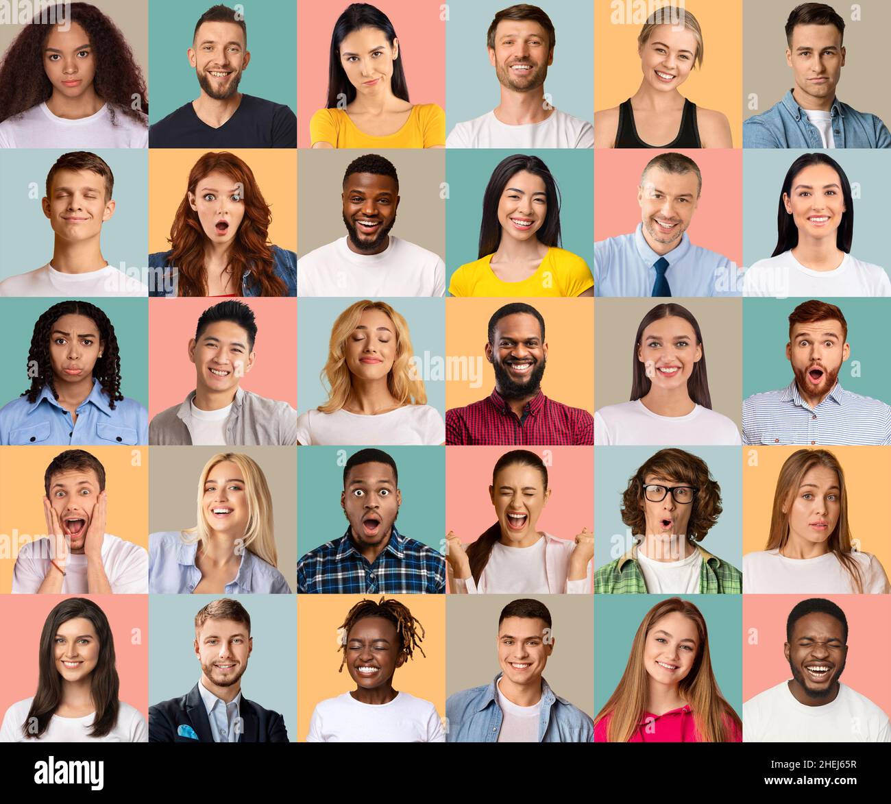 Collage of diverse people expressing different emotions, mosaic set ...