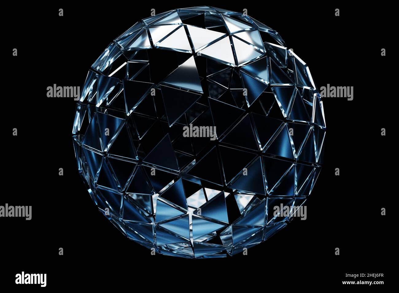 3D illustration of a blue glass ball with many faces, crystals scatter ...