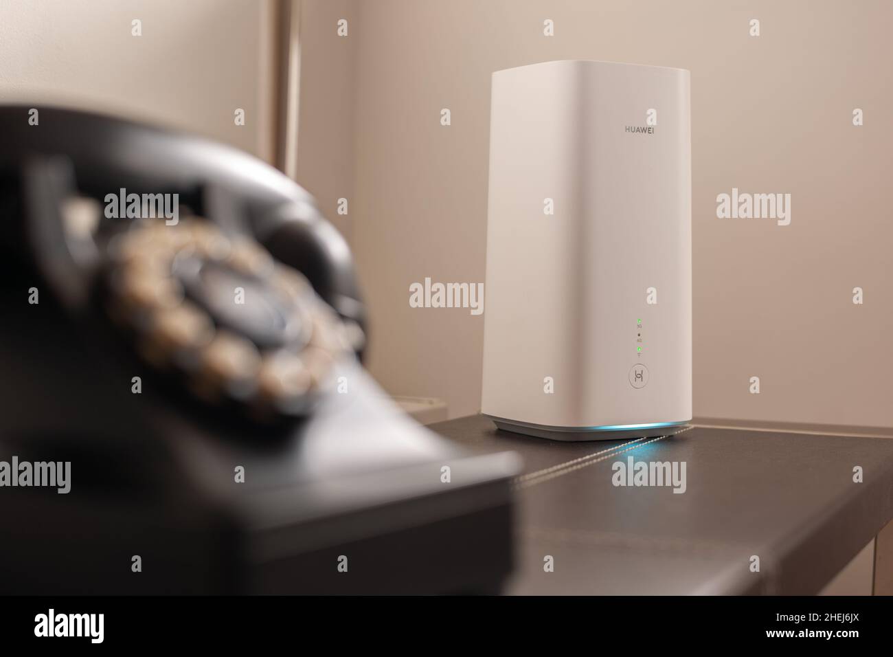 HUAWEI 5G Router and wi-fi enabled hub in a domestic setting with old ...