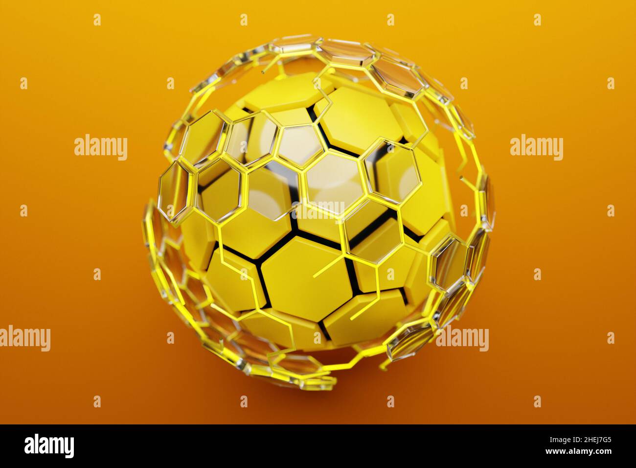 3D illustration of a glass yellow sphere with many faces, crystals ...