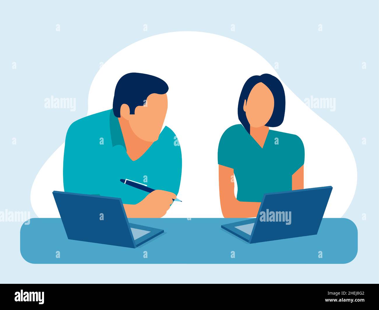 Vector of a man and woman with laptops sitting at desk having a ...