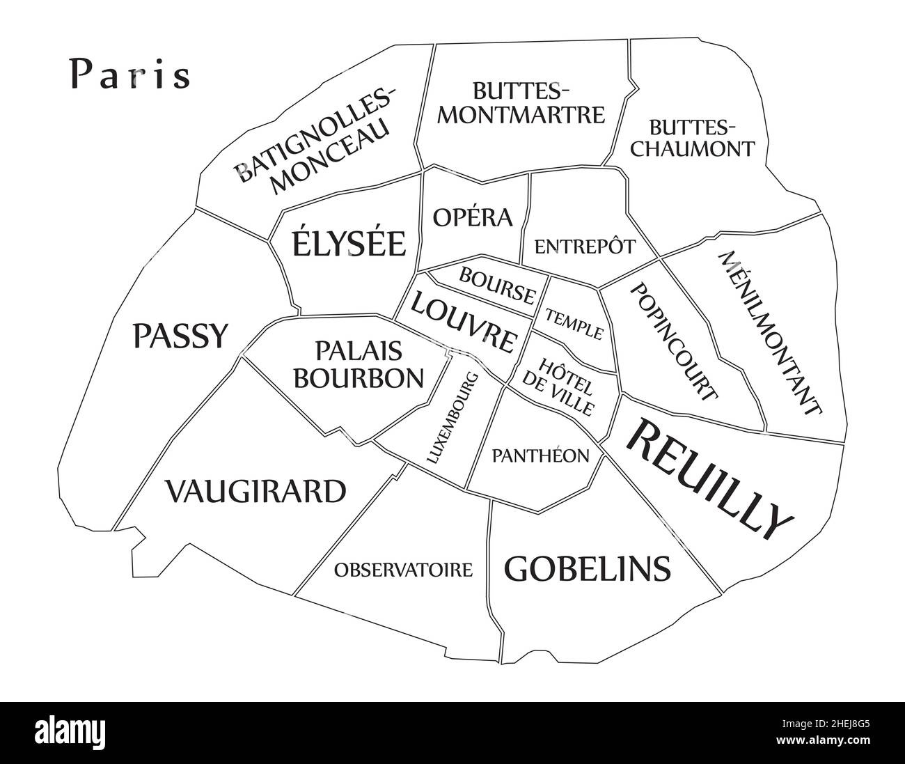 Paris city with boroughs and titles outline map Stock Vector Image ...