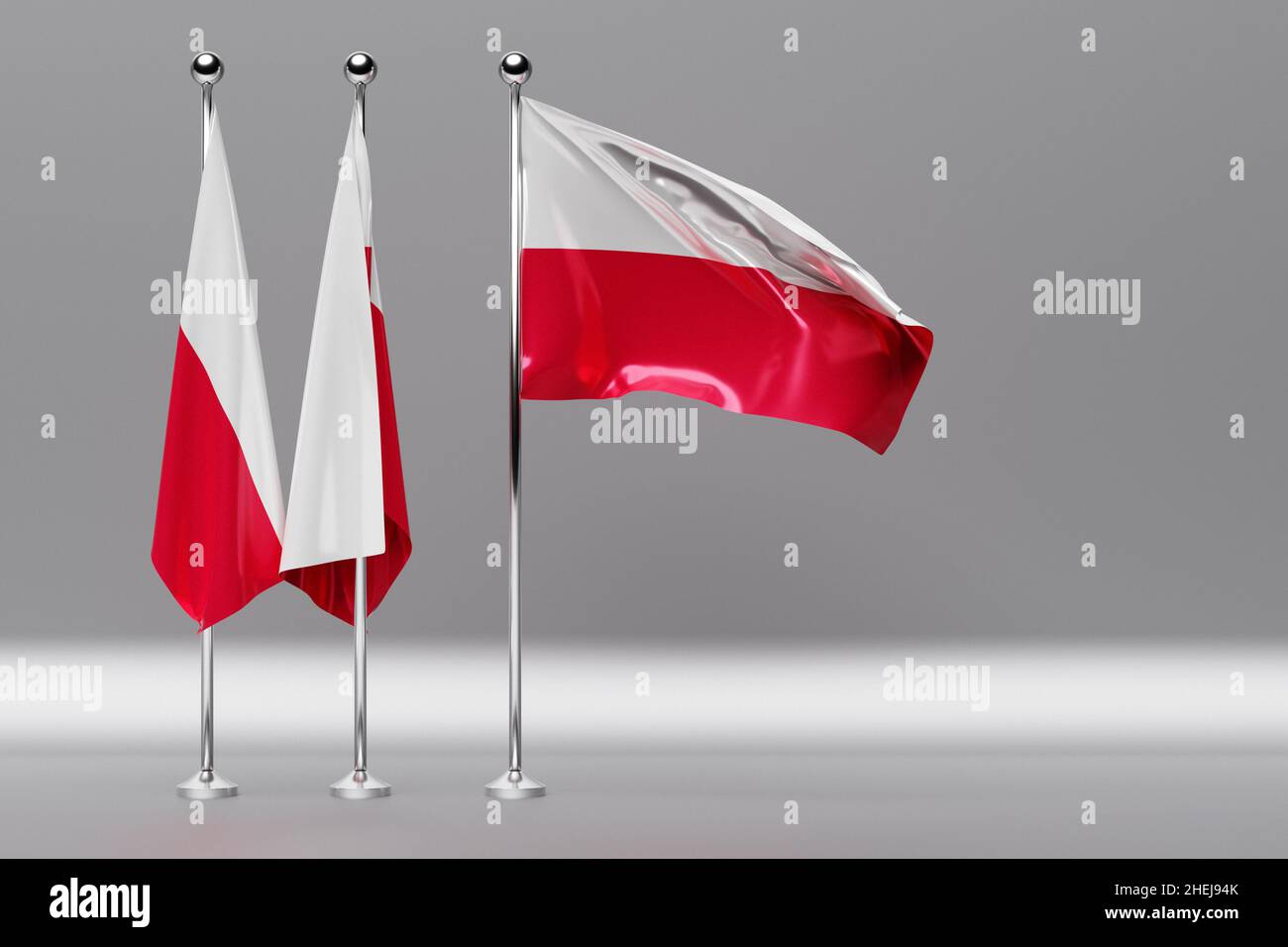 3D illustration of the national flag of Poland on a metal flagpole ...