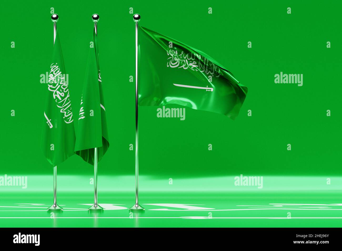 3D illustration of the national flag of Saudi Arabia on a metal ...