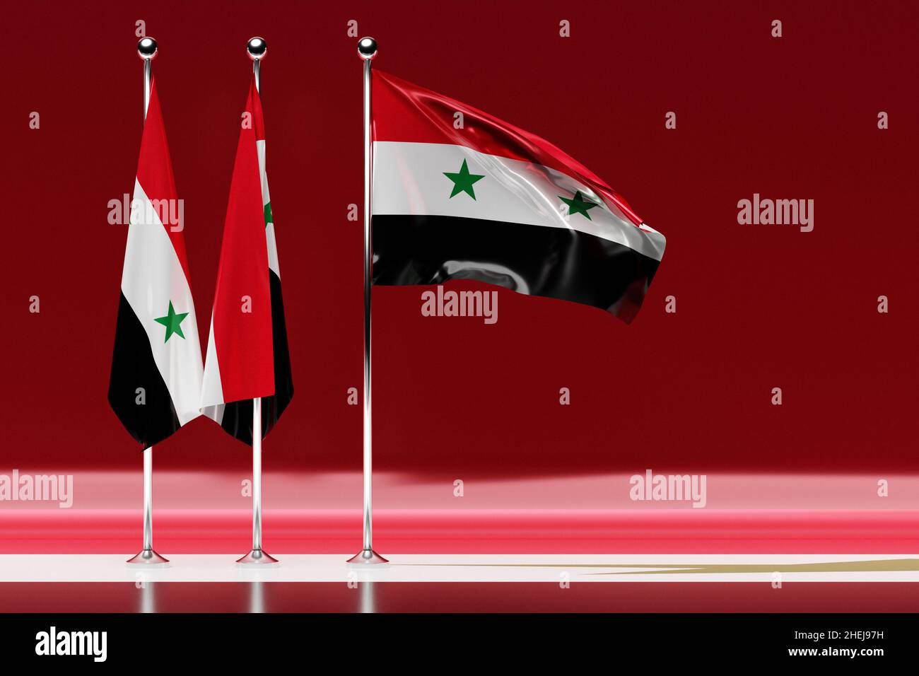 3D illustration of the national flag of Syria on a metal flagpole ...