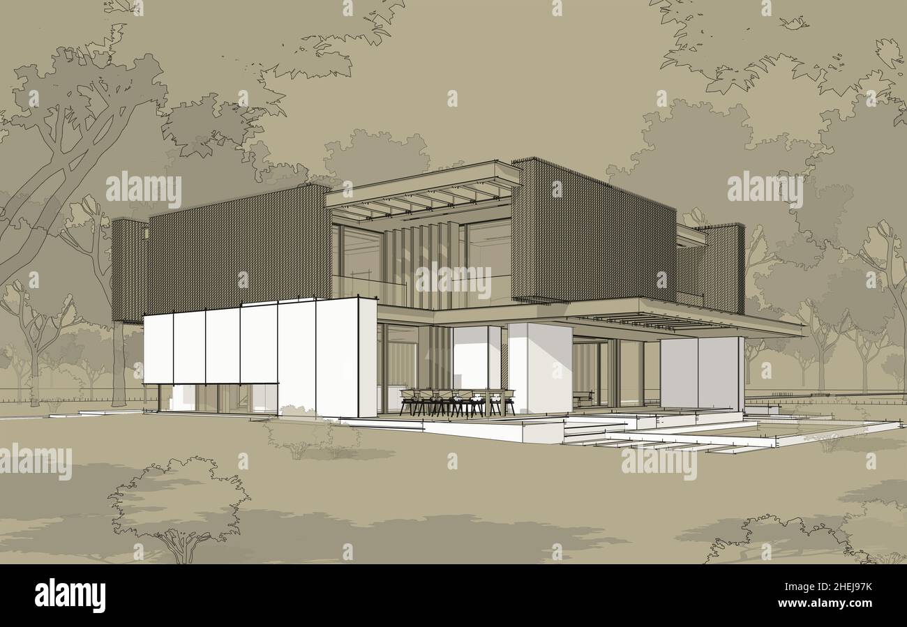 3d rendering of modern cozy house with parking and pool for sale or ...