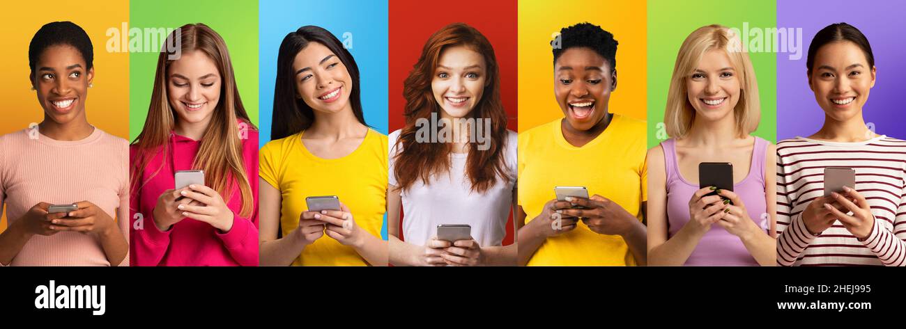 Collage of diverse ladies using smartphones texting and browsing ...
