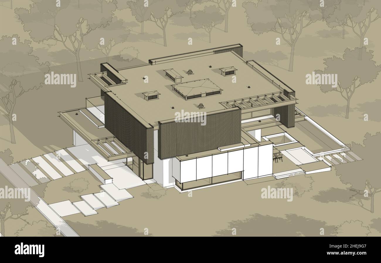 3d rendering of modern cozy house with parking and pool for sale or ...