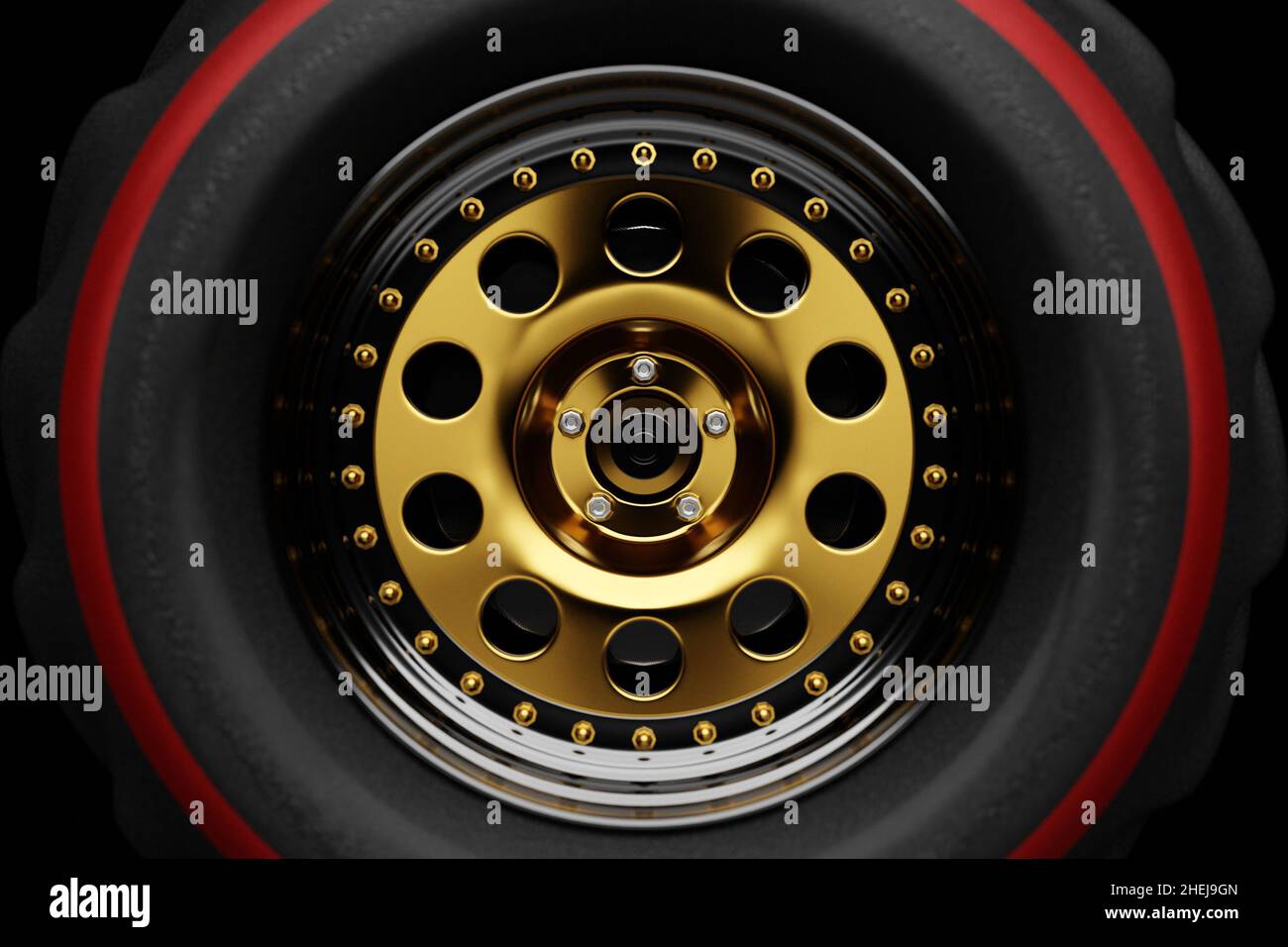 3d illustration close up of realistic wheel with wide tires on black ...