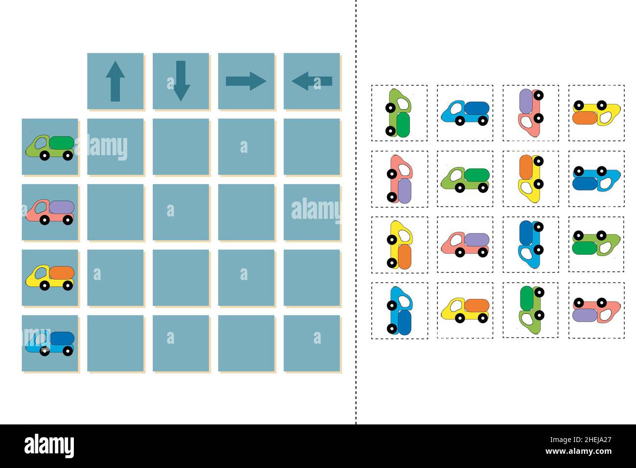 Match cartoon cars and directions up, down, left and right. Educational ...