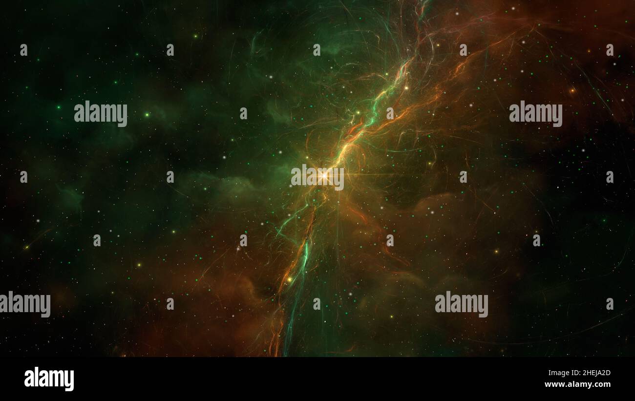 Space background. Colorful fractal nebula in green and orange color with star field. Digital ...