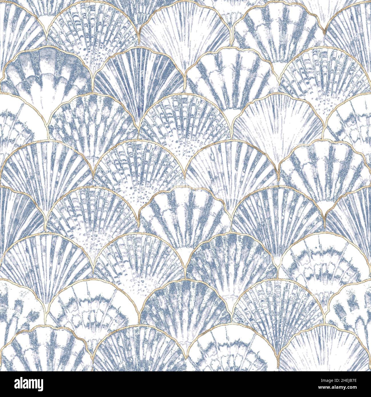 Watercolor sea shell japanese waves blue white seamless pattern. Hand ...
