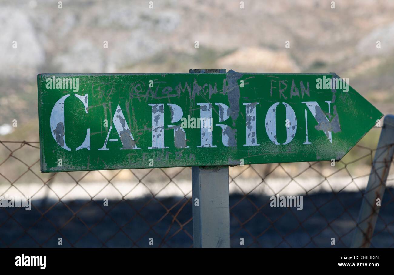 Road sign for small hamlet of Carrion, near Periana, Axarquía ...