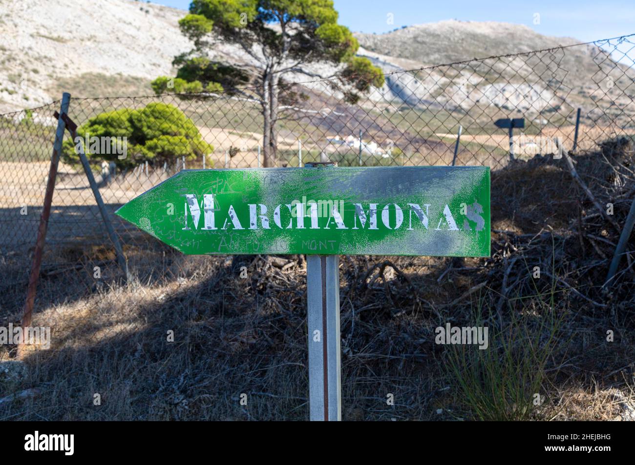Road sign for small hamlet of Marchamona, near Guaro, Periana, Axarquía ...