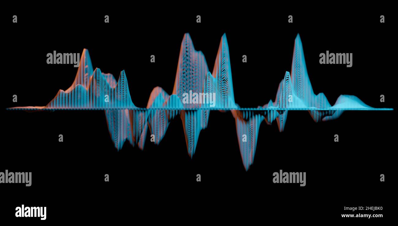 Abstract Turquoise And Red Wireframe Waveform On Black Background Visualization Of Sound Waves