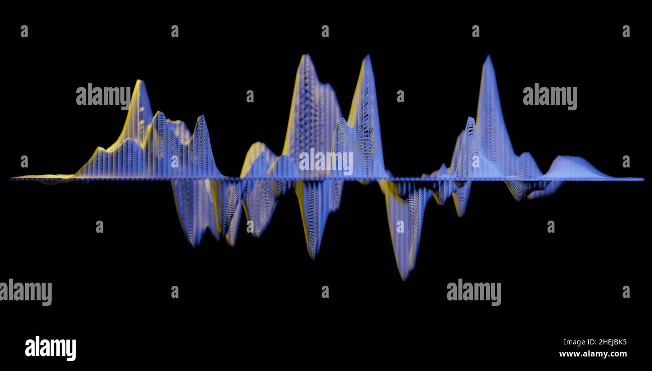 Abstract Blue And Yellow Wireframe Waveform On Black Background Visualization Of Sound Waves Or