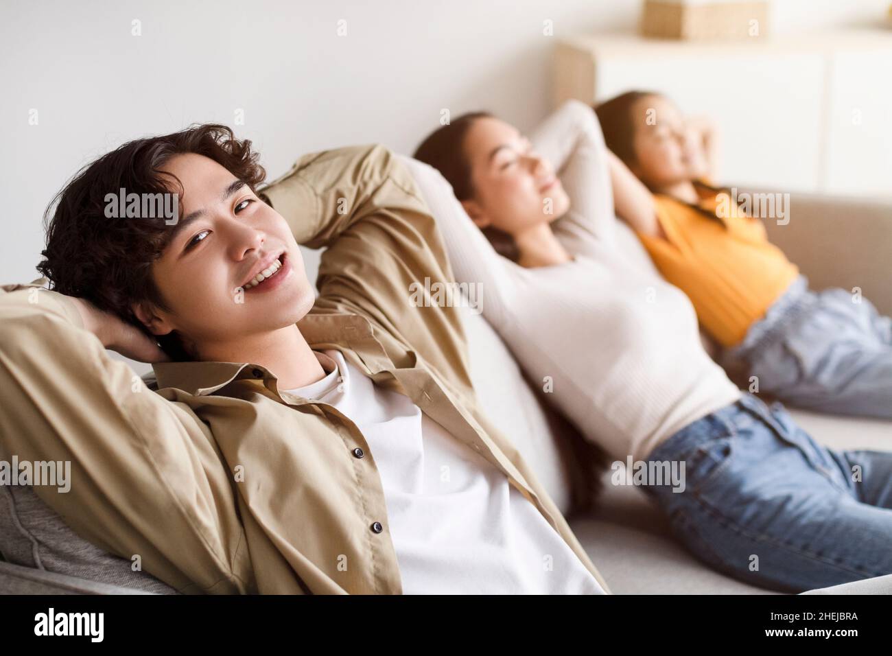 Happy youngsters japanese girl, millennial mother relax, father with ...