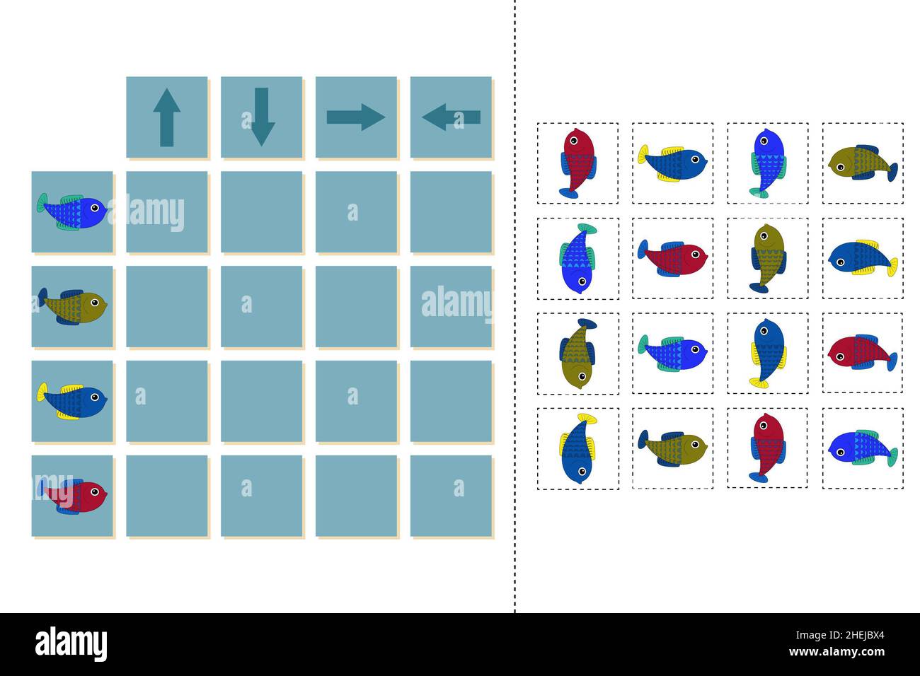 Match the pictures of fishes and directions up, down, left and right ...