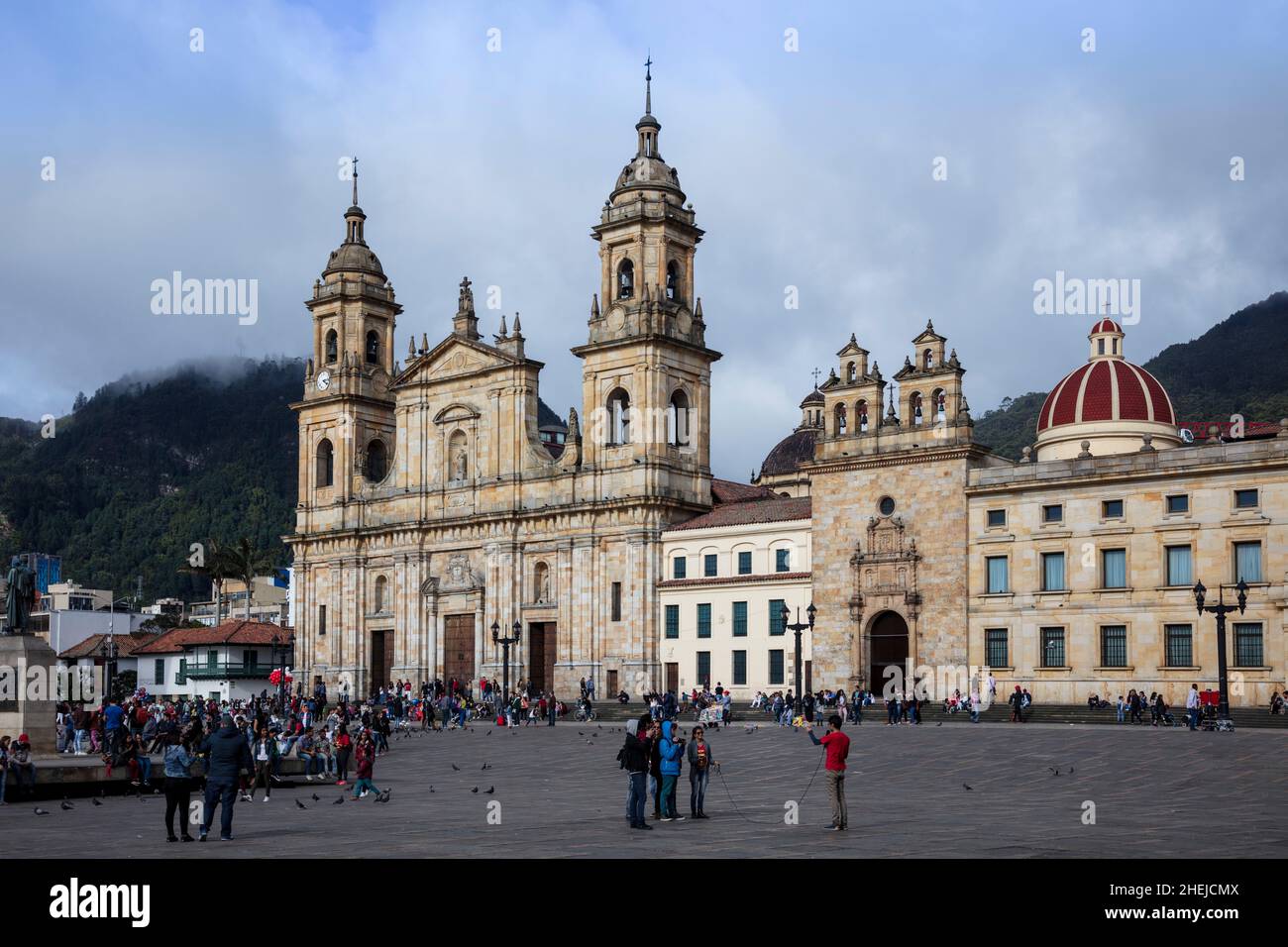 Colombia, Bogota, Bolivar Square (Plaza de Bolívar) and the city ...