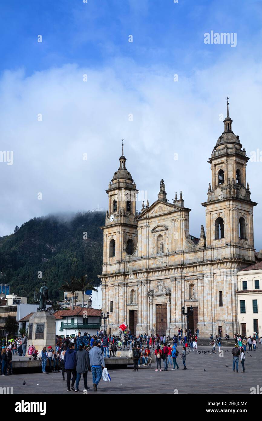 Colombia, Bogota, Bolivar Square (Plaza de Bolívar) and the city ...