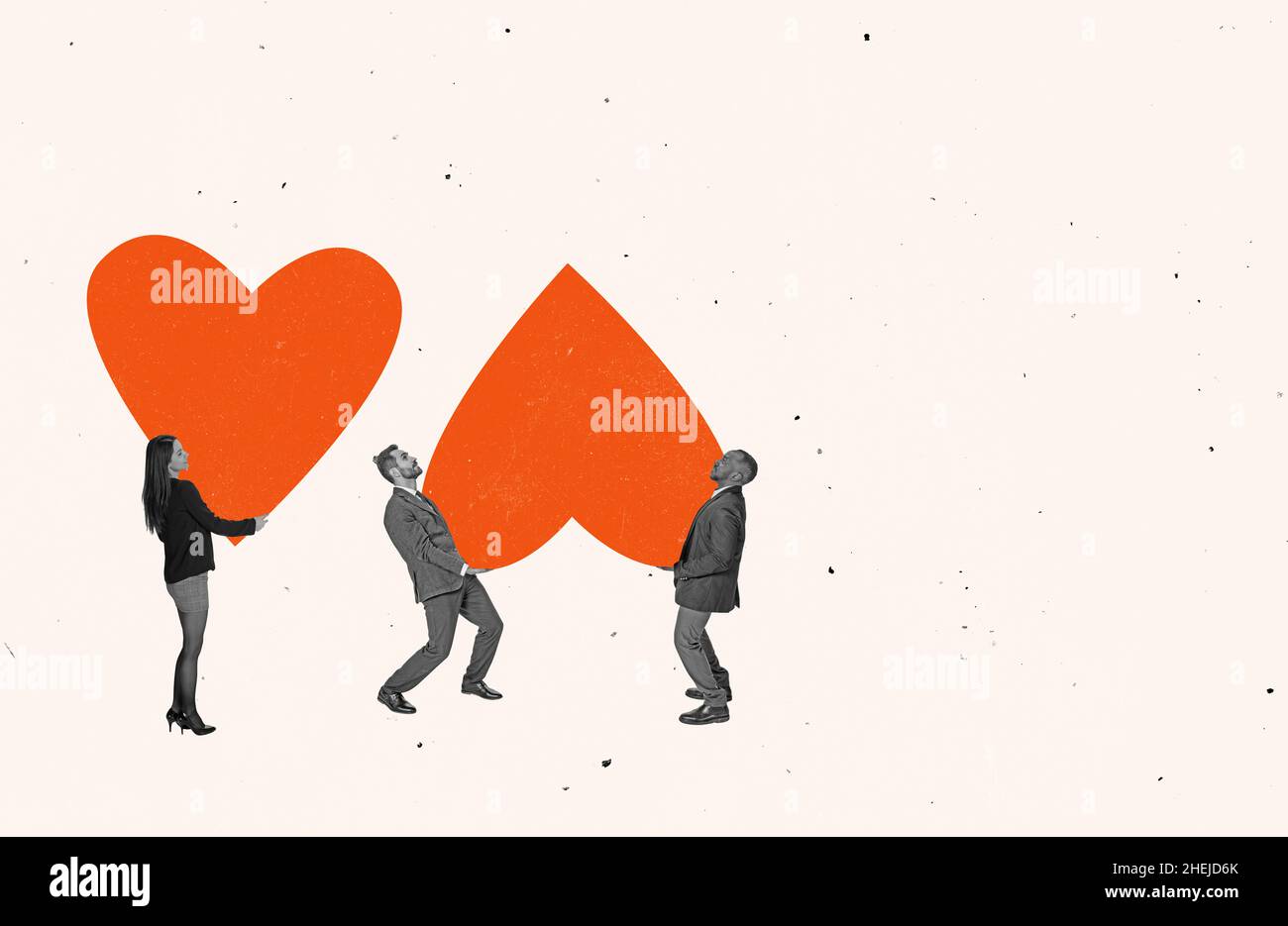 Creative design. Contemporary art collage. Employees holding big hearts ...