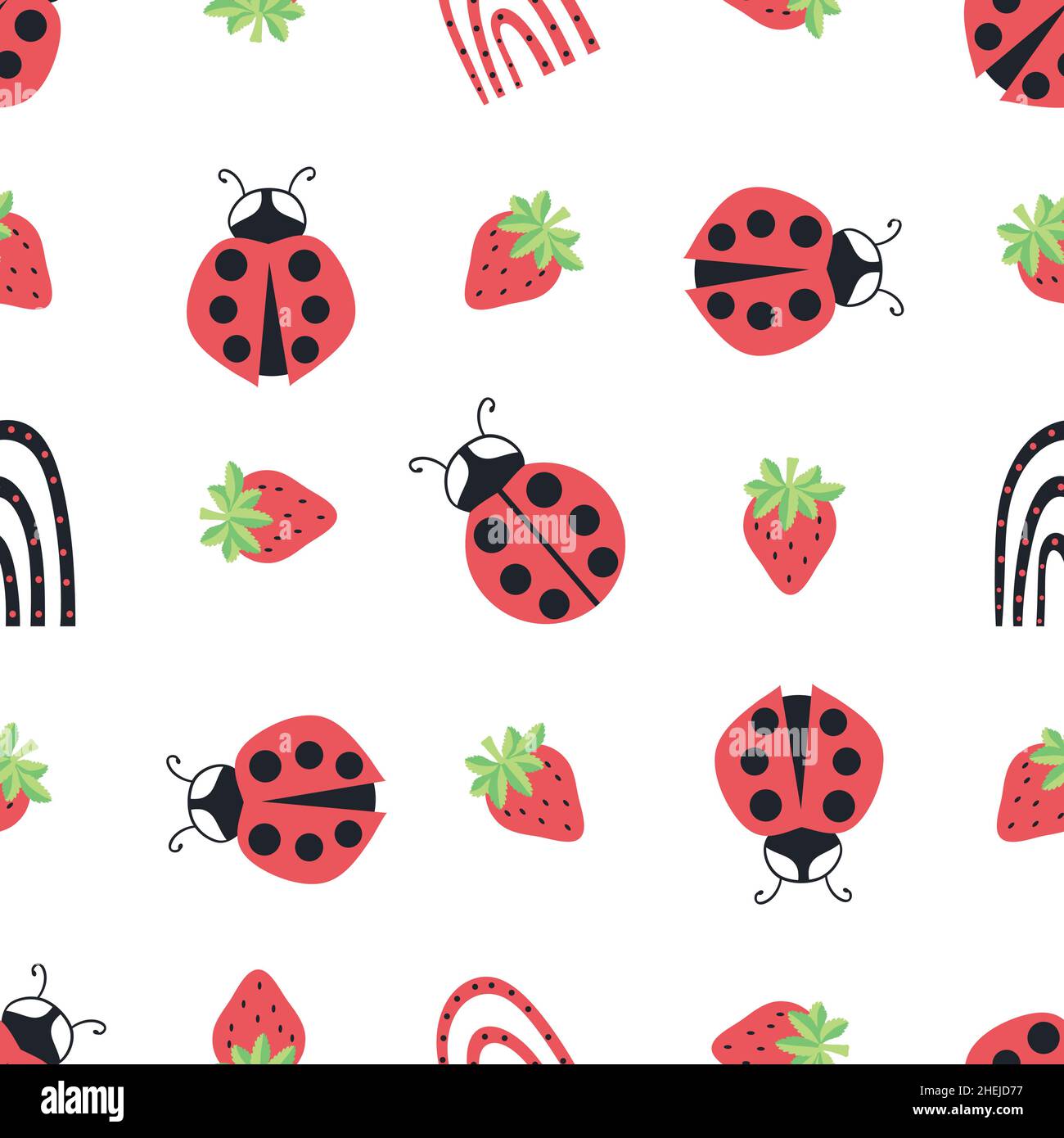Cute ladybird, dotted rainbow, strawberry seamless vector pattern ...