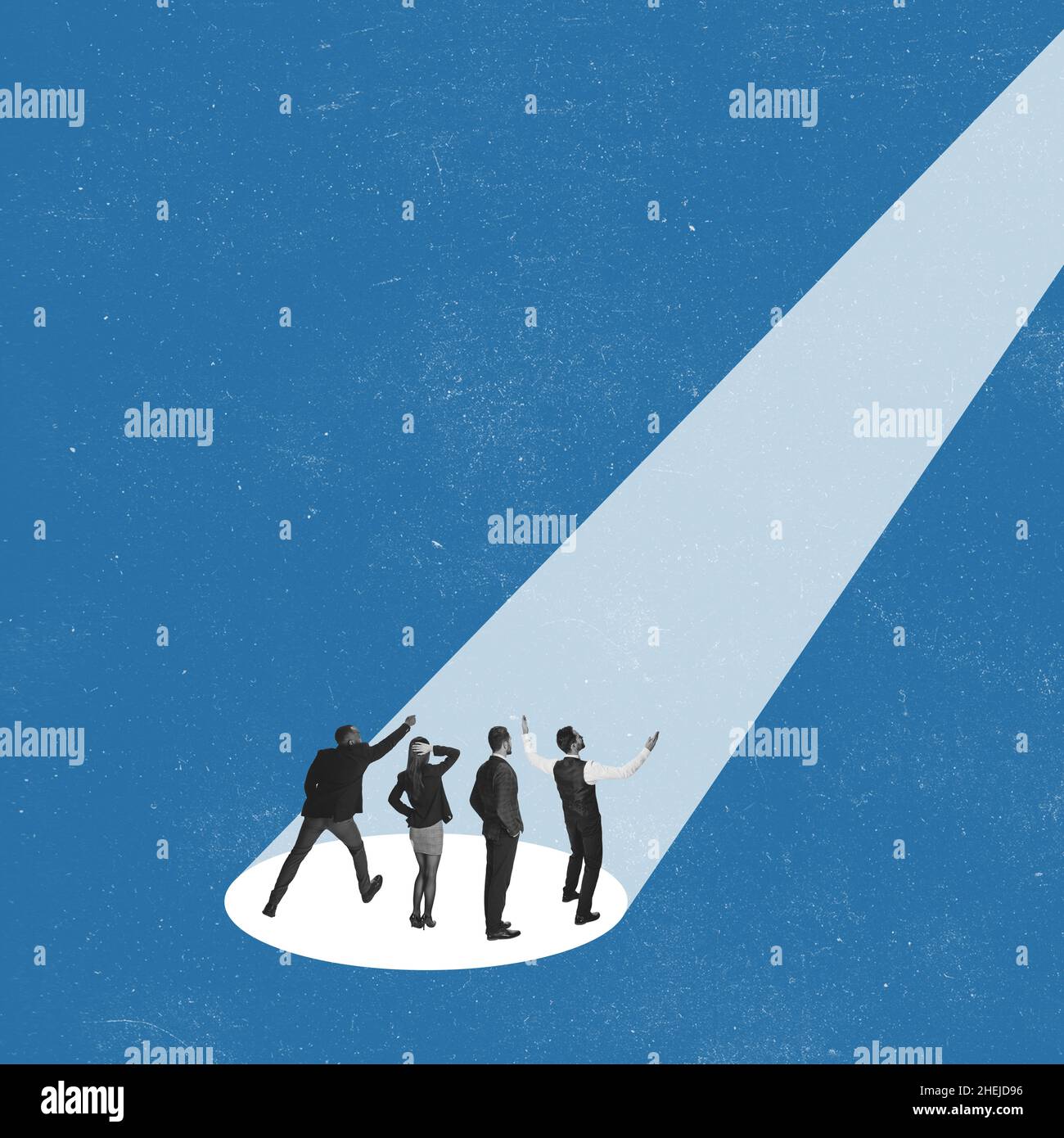 Creative design. Contemporary art collage. Employees standing under ...