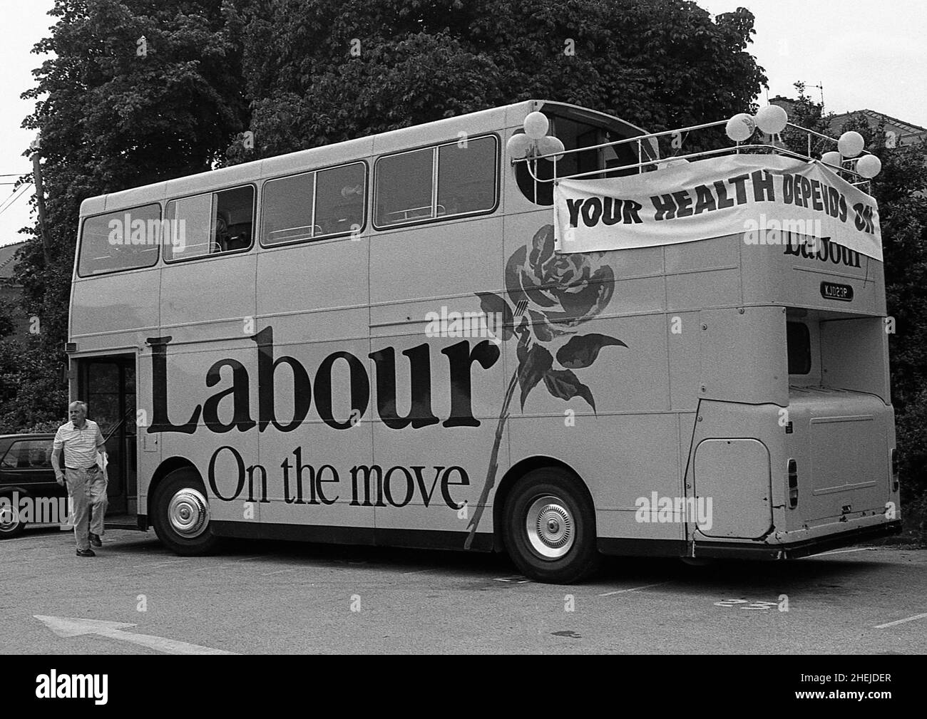 Labour Party campaign bus at NHS demo, Derby UK June 1988 Stock Photo ...