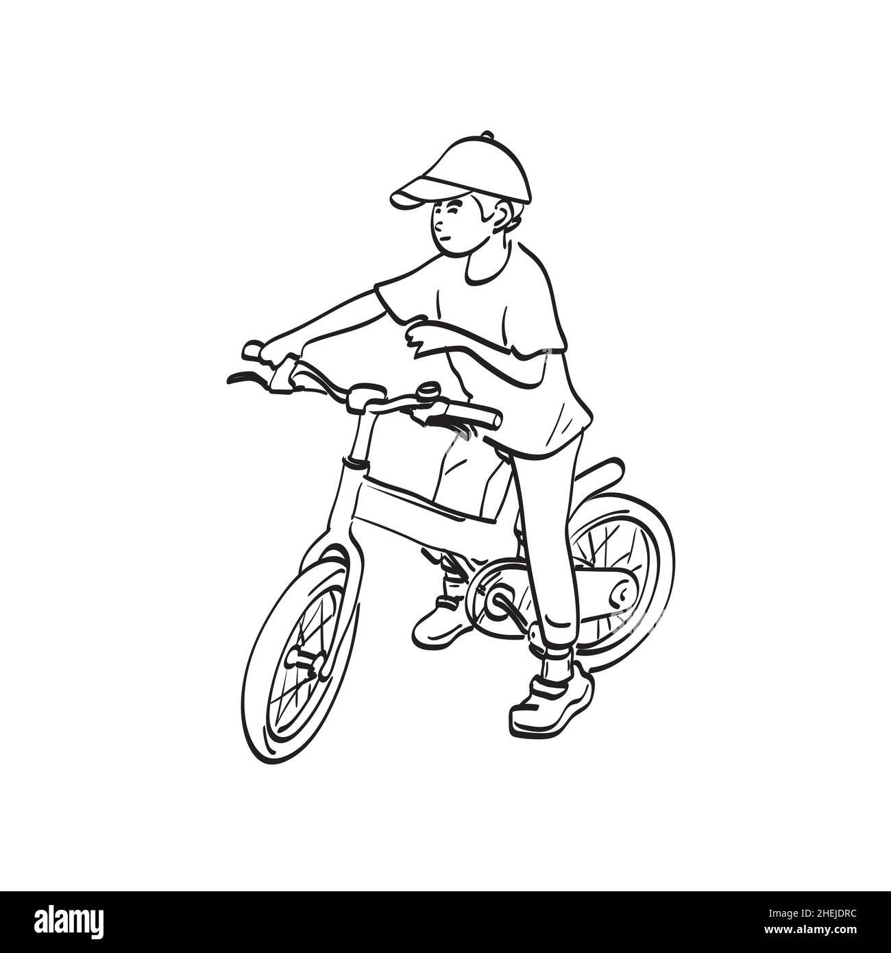 little kid boy riding bicycle with cap illustration vector hand drawn ...
