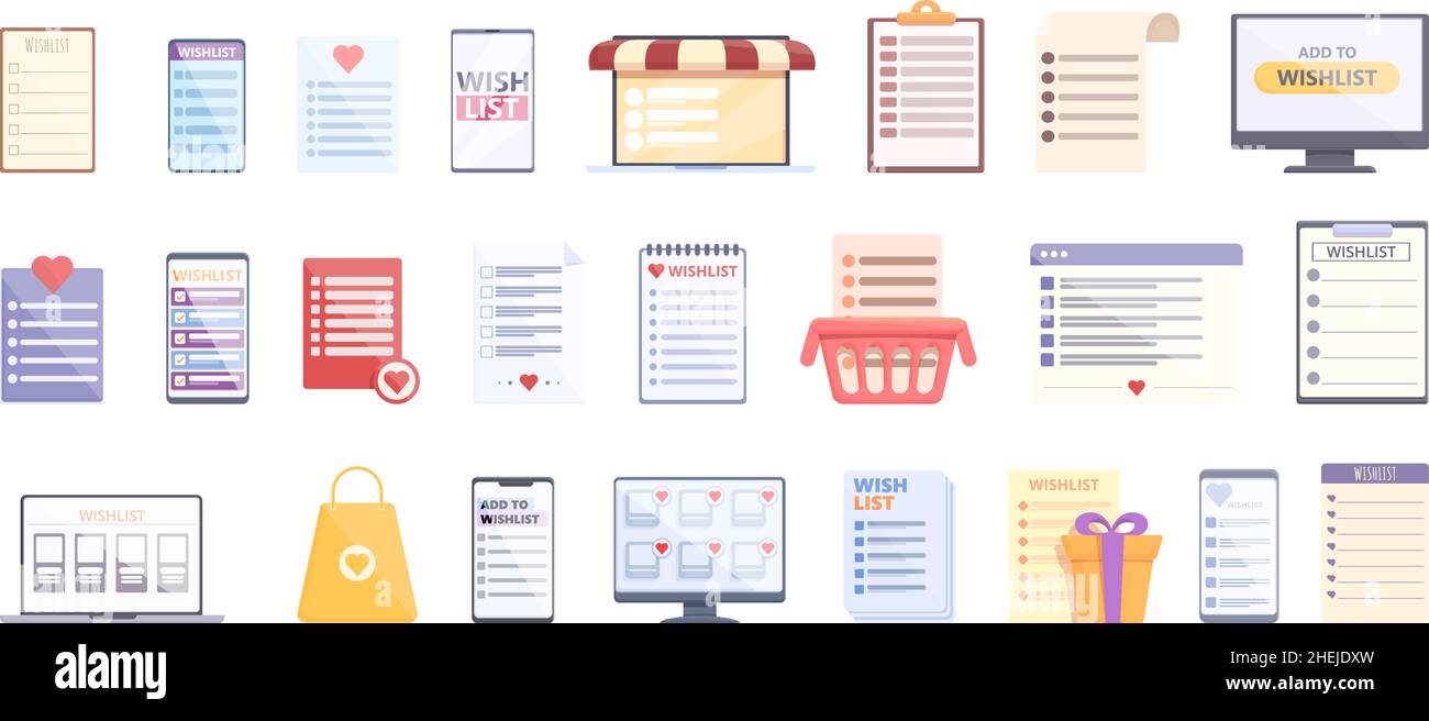 Wishlist icons set cartoon vector. Document page. Wish plus Stock ...