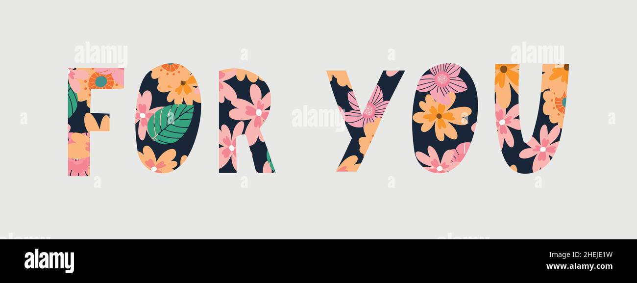For you text lettering Valentine's day banner with flowers vector Stock ...