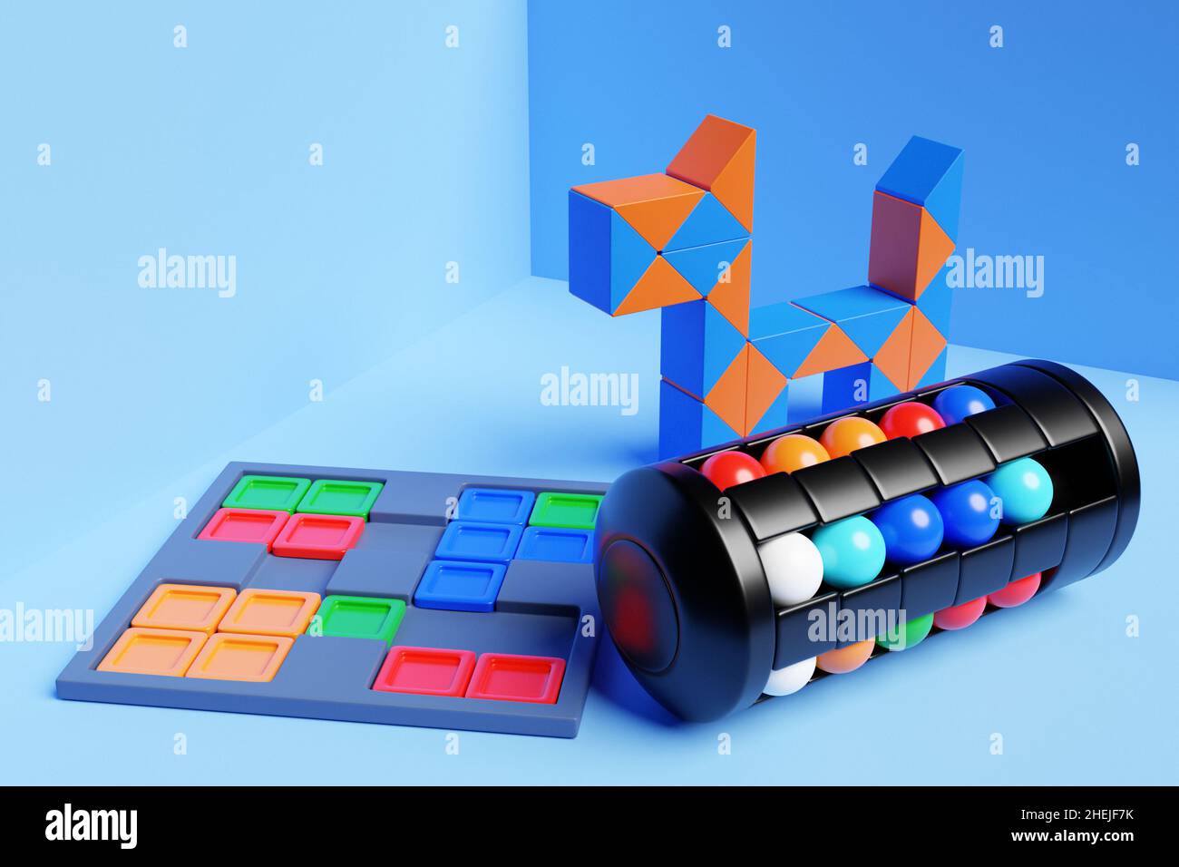 3d illustration of a black cylinder with colorful balls, a square ...