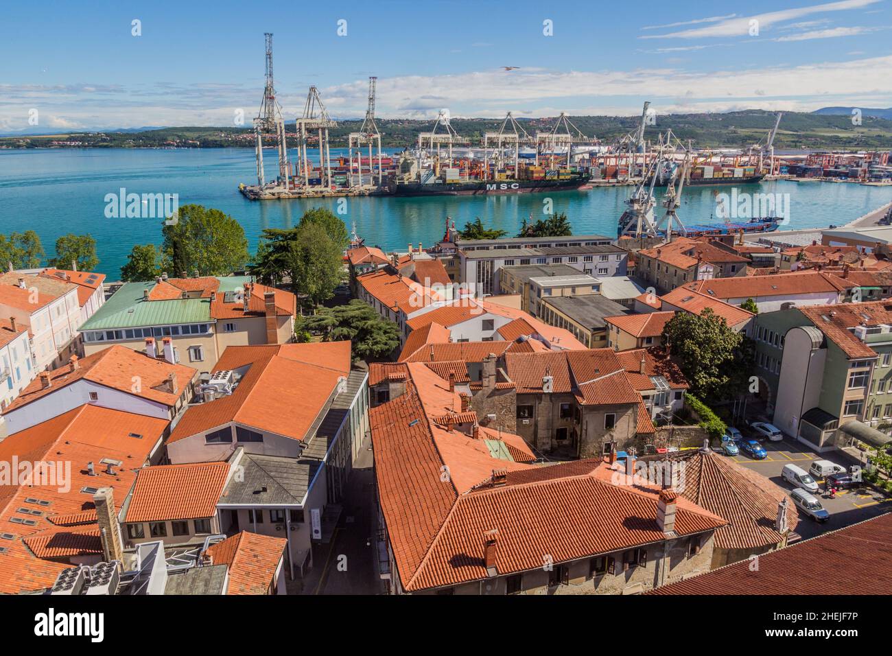 KOPER, SLOVENIA - MAY 16, 2019: Aerial view of Koper with its container ...