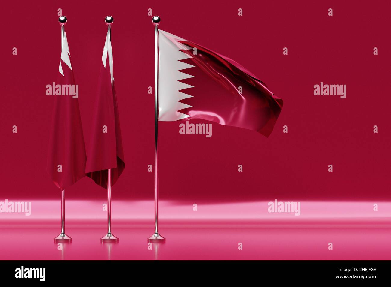 3D illustration of the national flag of Qatar on a metal flagpole ...