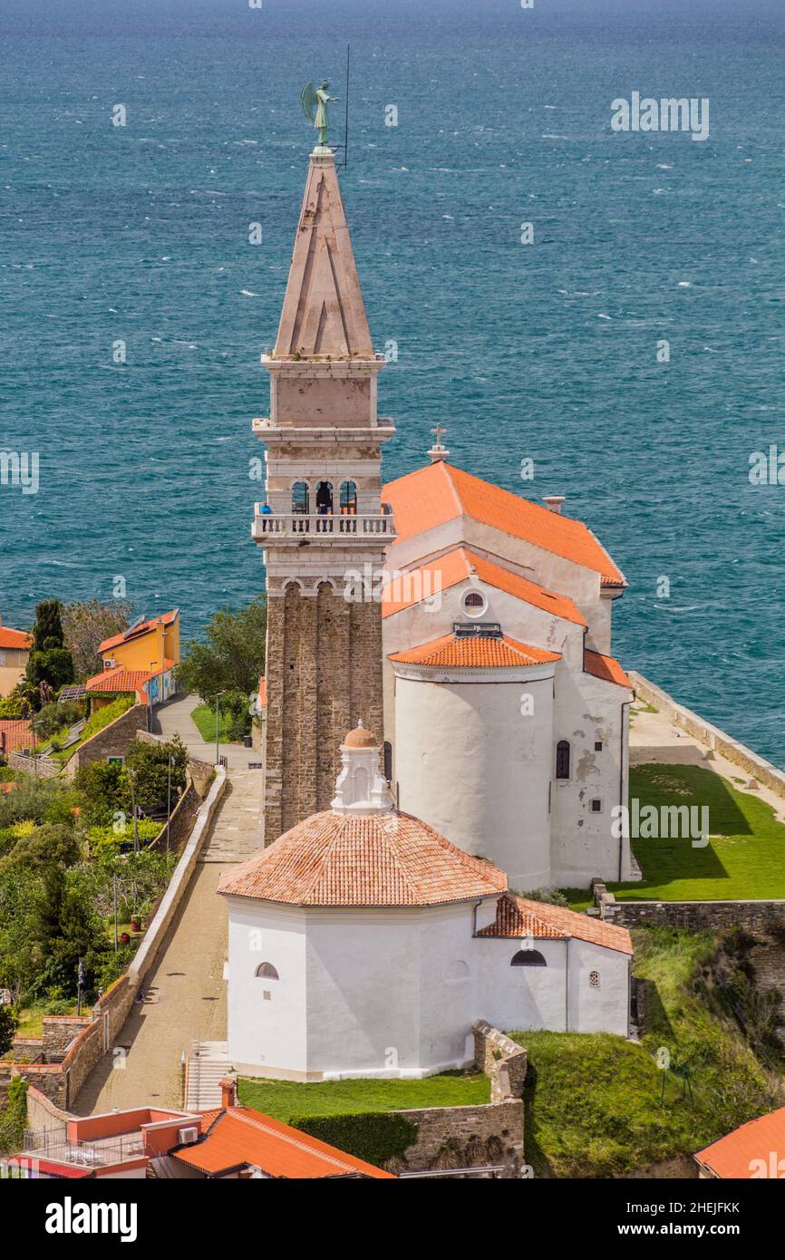 Aerial view of St. George's Parish Church in Piran, Slovenia Stock ...