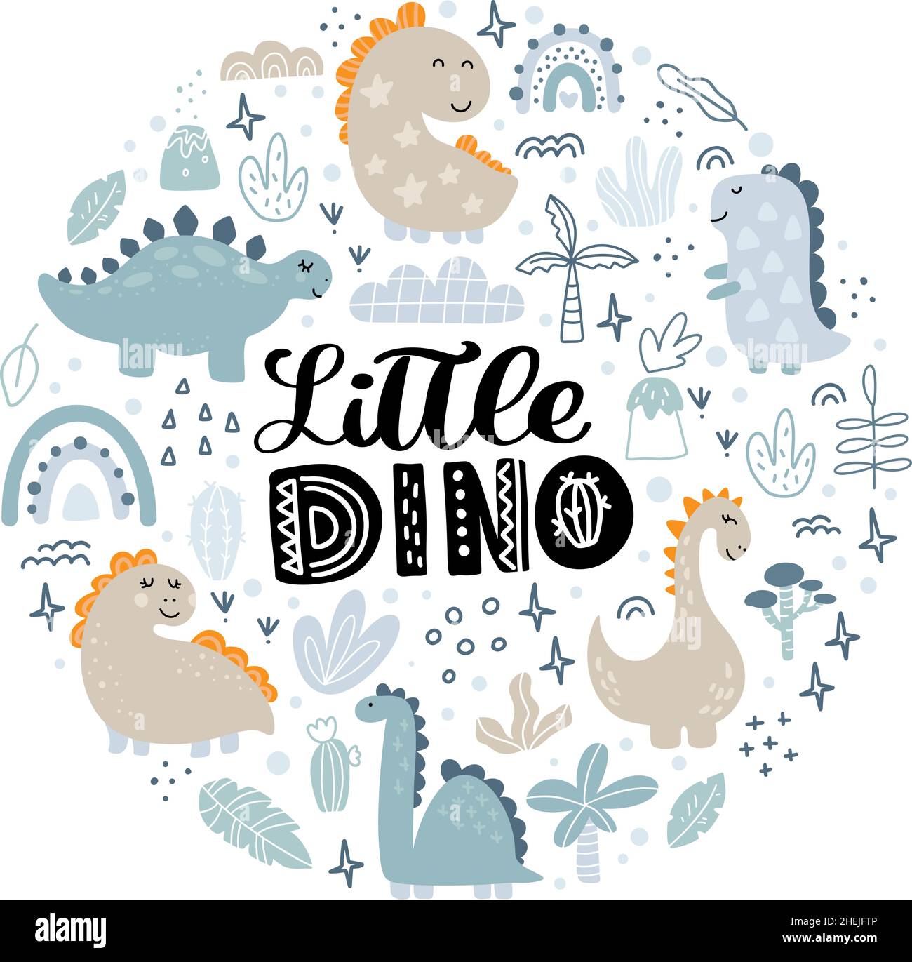 Round greeting card with cute dinosaurs palms and cactuses and ...