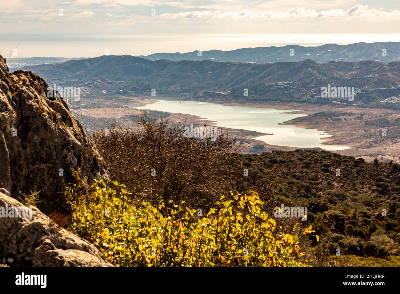 Lake Vinuela reservoir at low water level view from near Periana ...