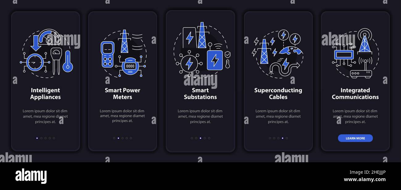 Smart grid components night mode onboarding mobile app screen Stock ...