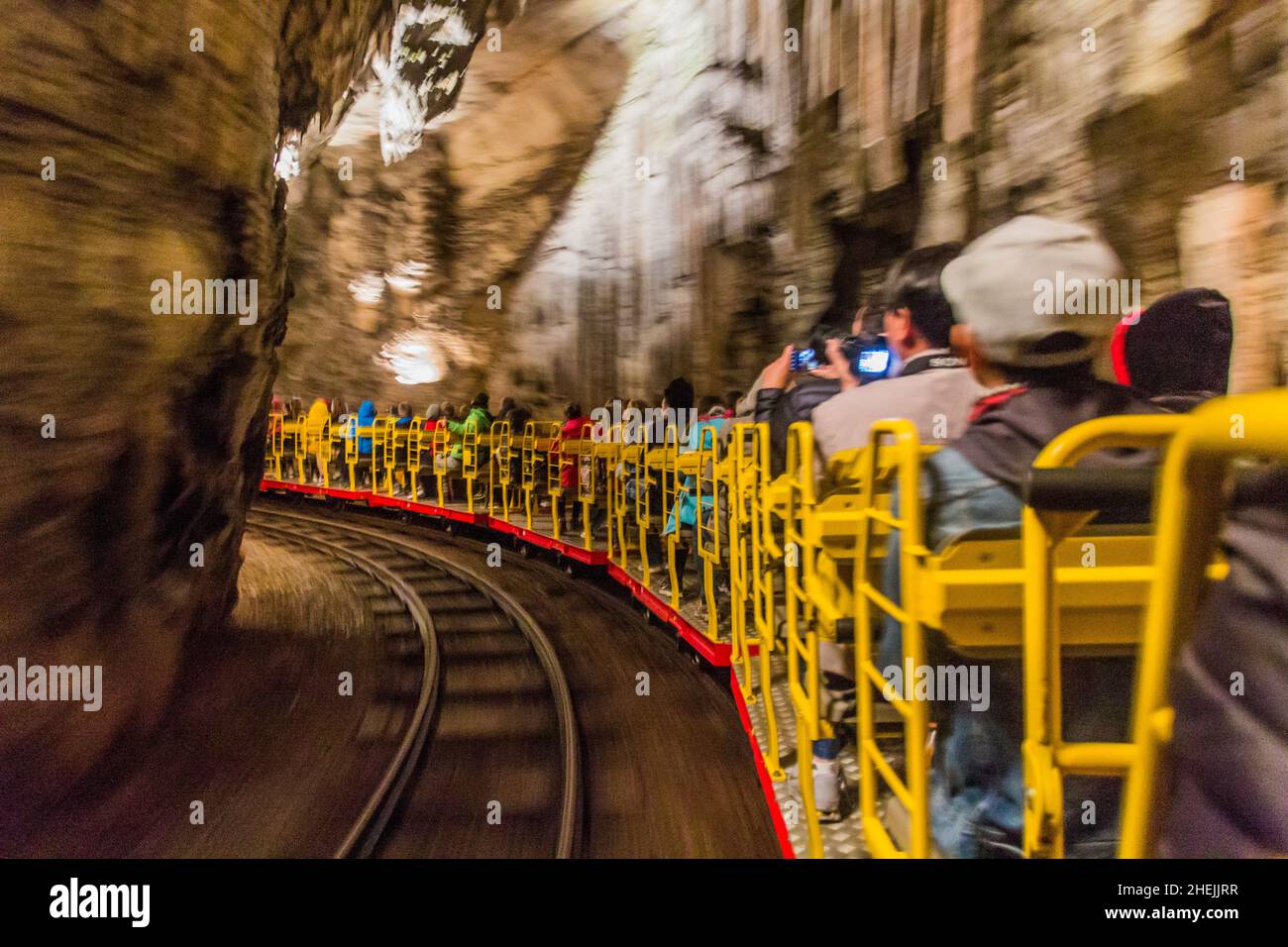 POSTOJNA, SLOVENIA - MAY 17, 2019: Underground tourist train in ...