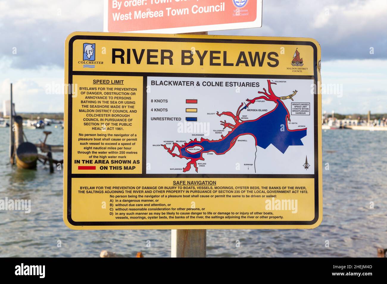 River byelaws sign, blackwater and colne estuaries, mersea, essex, uk ...