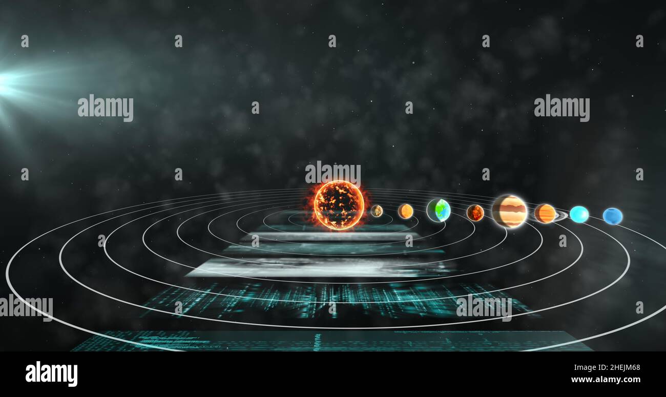 Image of screens with data processing over equations and solar system ...