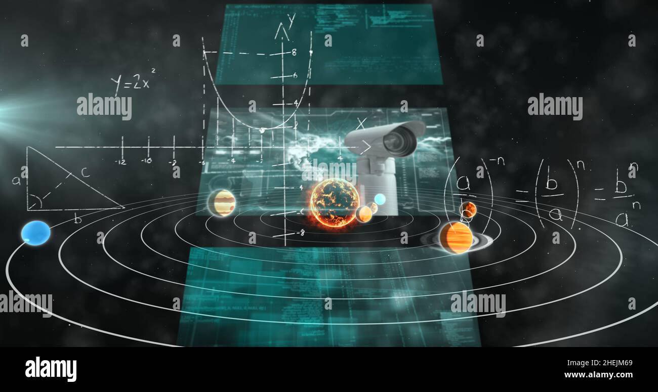 Image of screens with data processing over equations and solar system ...