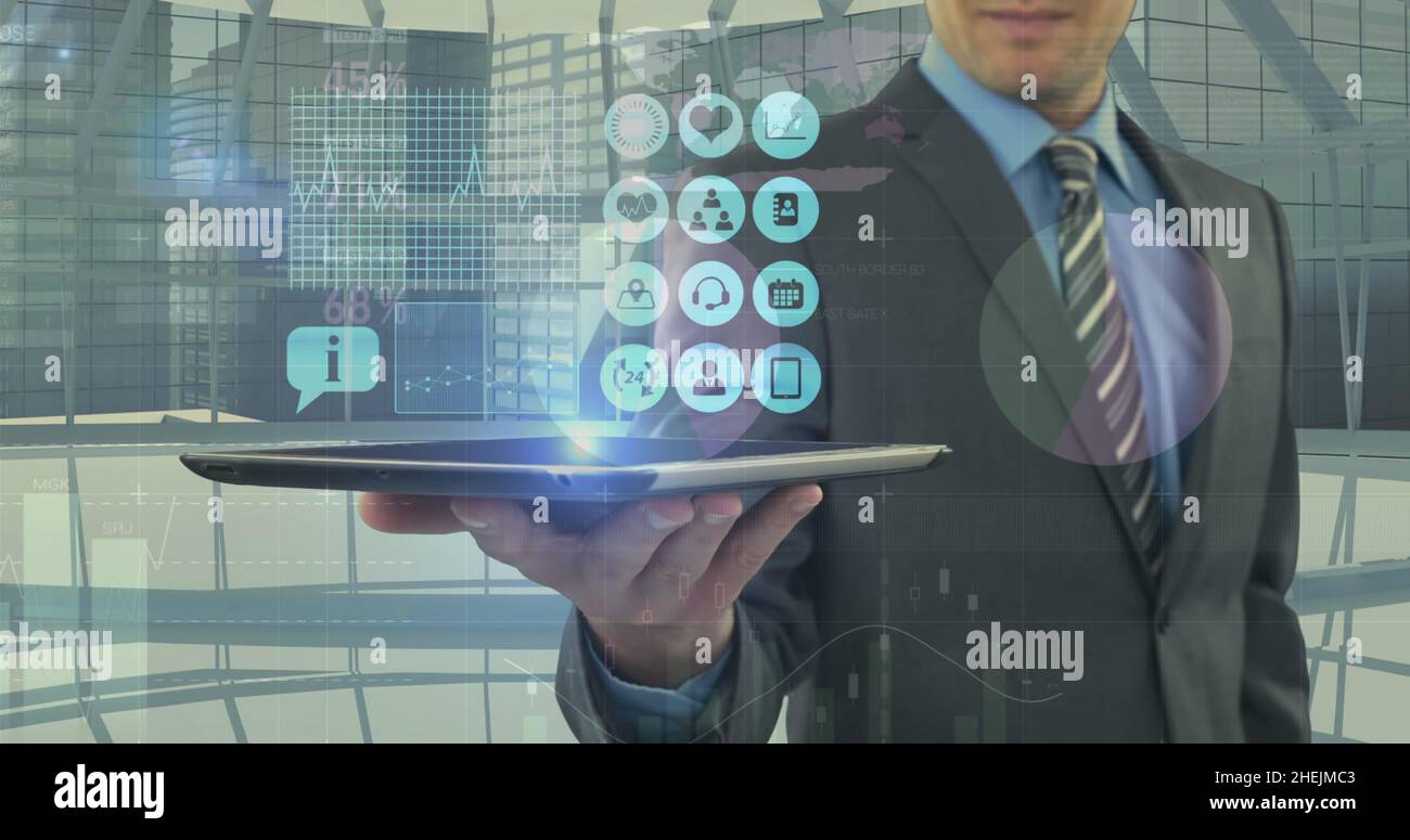 Image of financial data processing over man using tablet Stock Photo ...