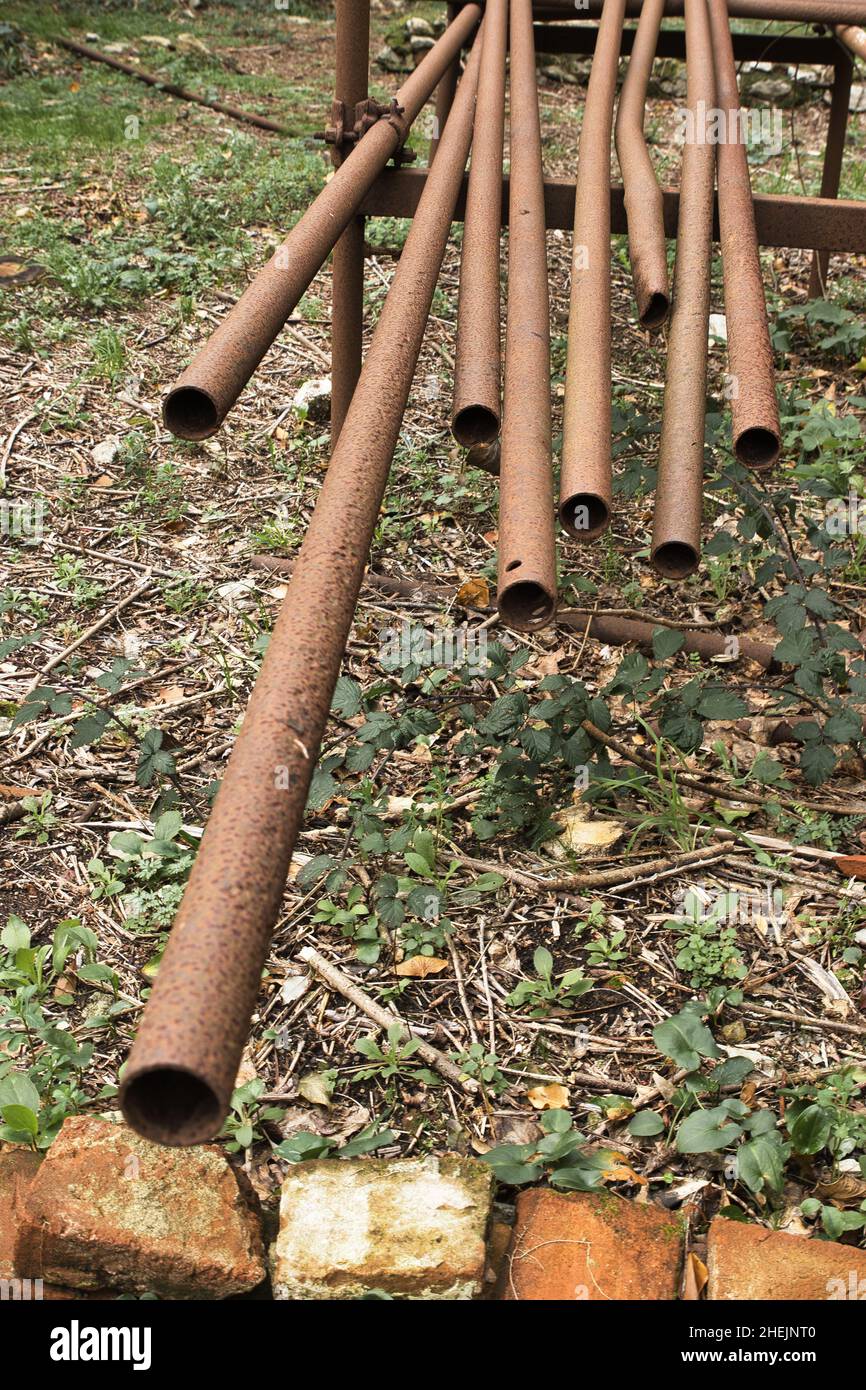 Rusty construction work equipment left behind in a failed renovation of ...