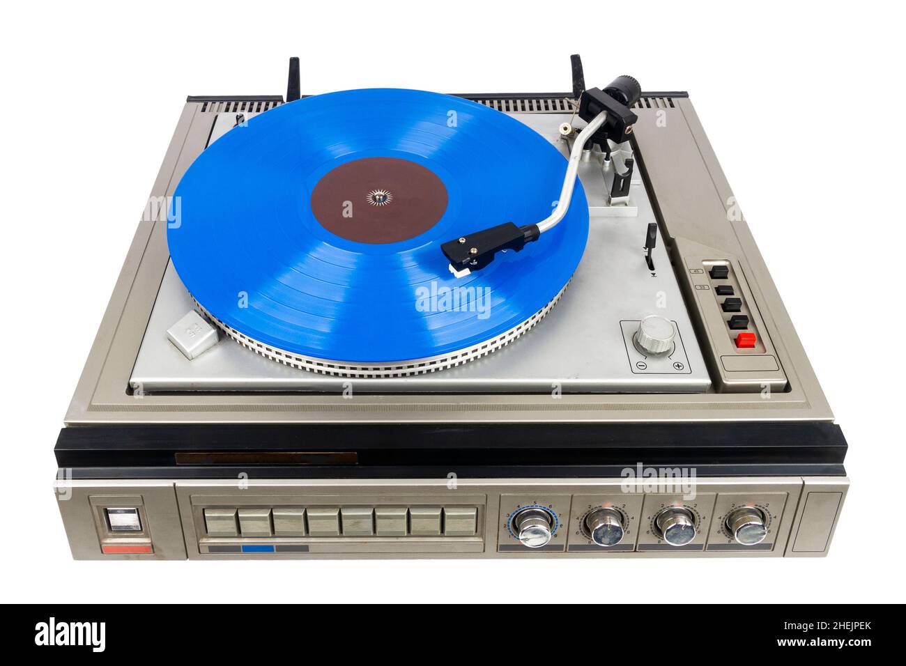 Vintage turntable record player with blue vinyl isolated on white ...