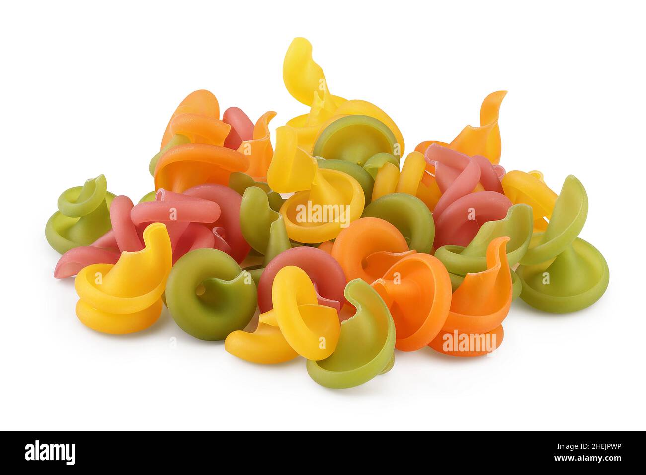 Raw colored pasta isolated on white background with clipping path and ...