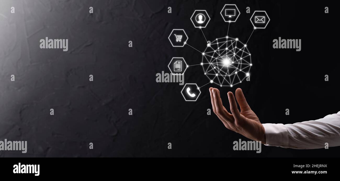 Business concept Close up of man using mobile smart phone and ...