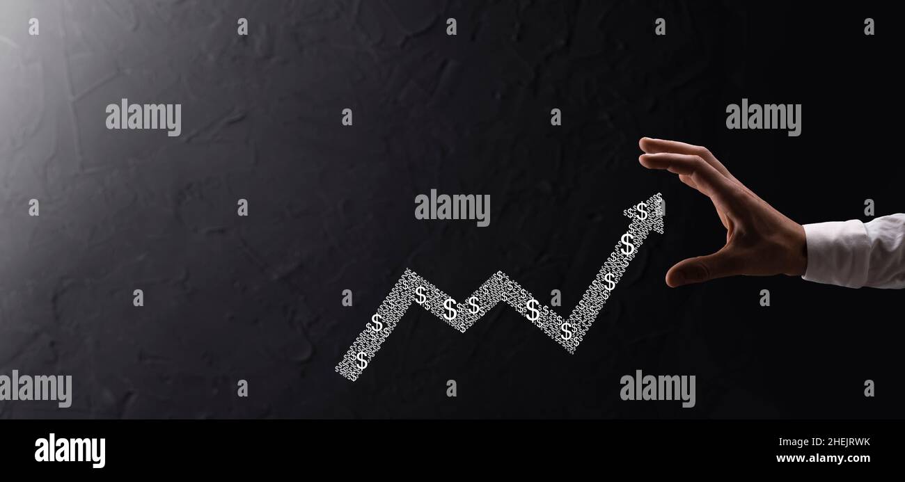 Businessman hold drawing on screen growing graph, arrow of positive ...