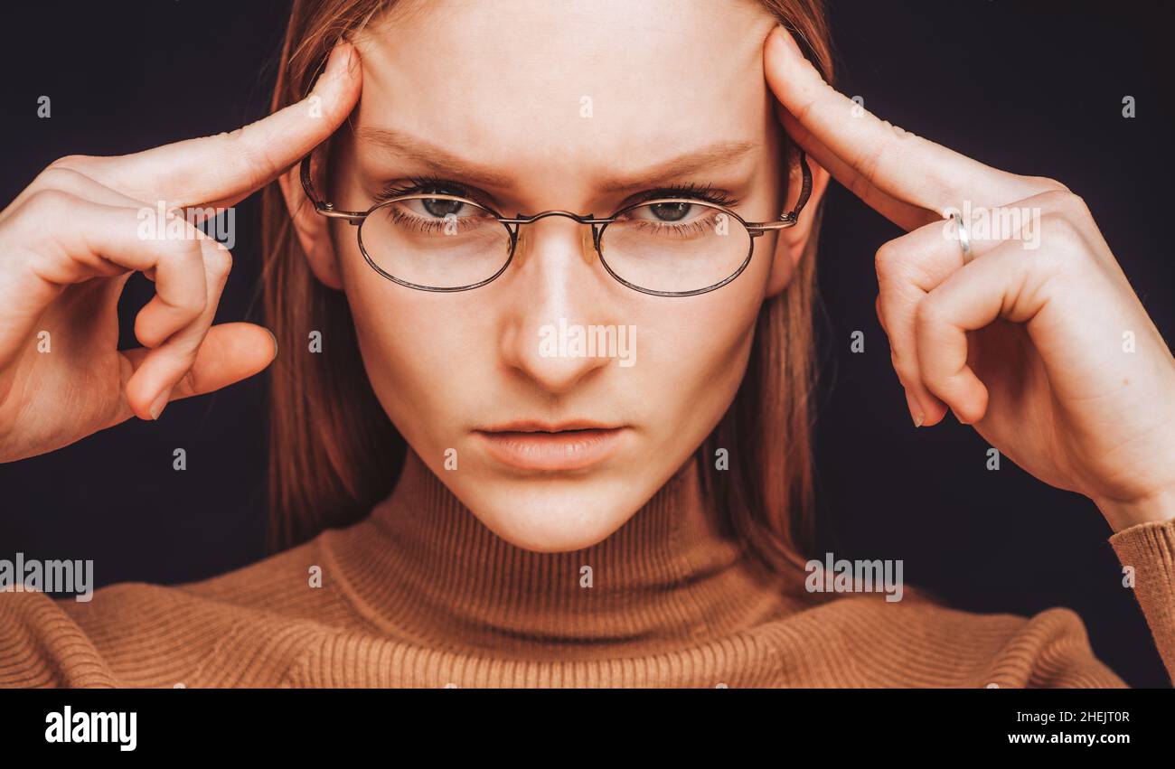 Overthinking. Woman brainstorm. Smart girl in glasses. Business ...